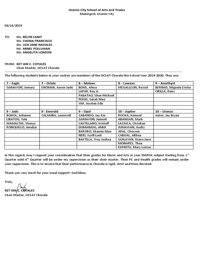 OCSAT Chorale Student Roster 2019-2020 | PDF