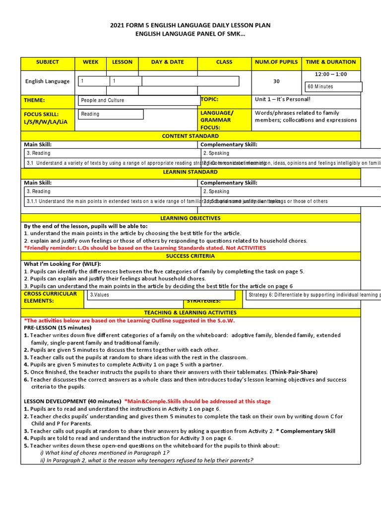 2021 Form 5 English Language Daily Lesson Plan English Language Panel ...