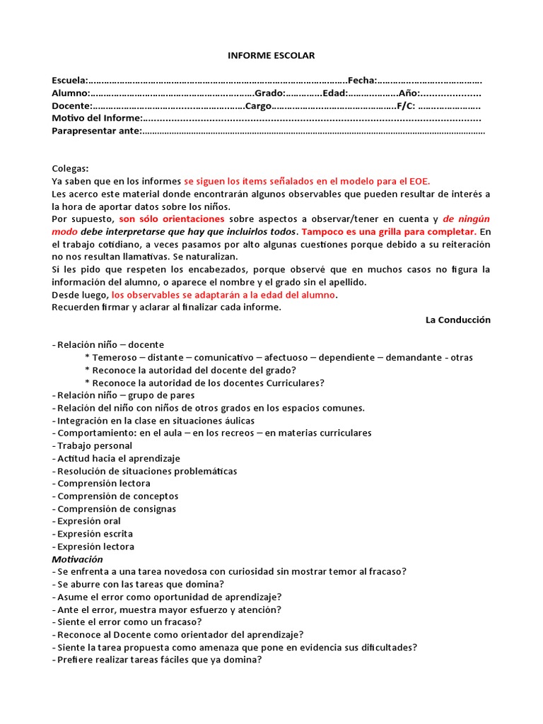 Pautas para Elaborar Informe Escolar | PDF | Atención | Aprendizaje