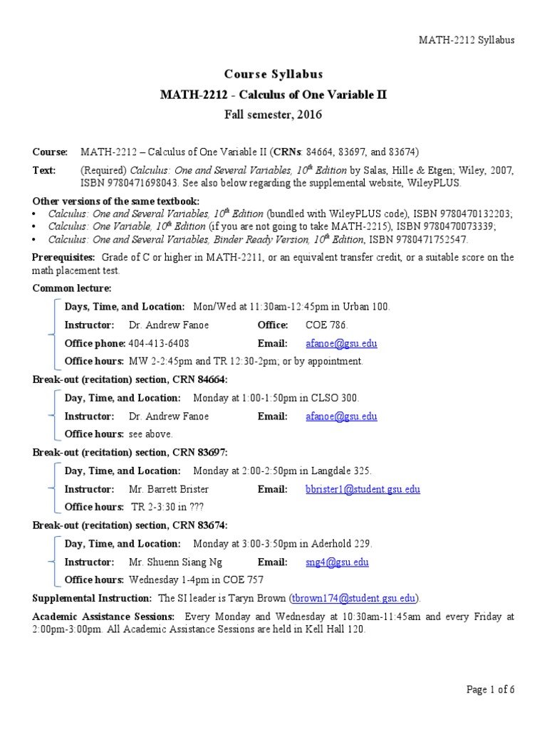 Math 2212 Section 21-27 Fall 2016 Syllabus | PDF | Academic Dishonesty ...