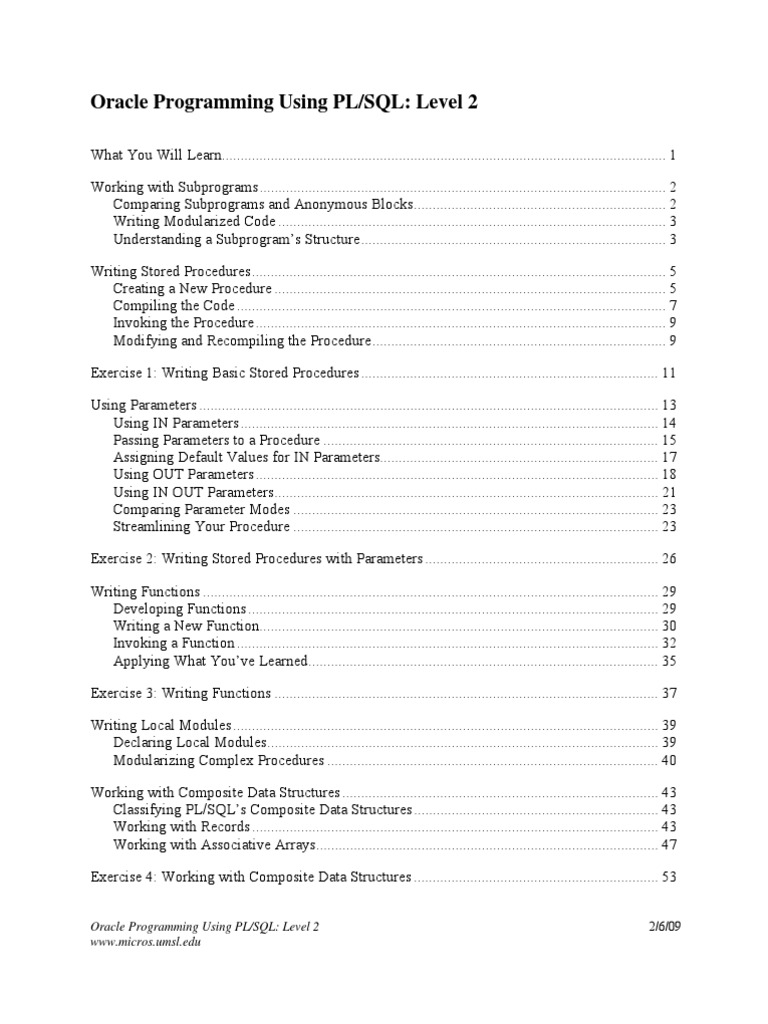 Oracle Programming Using PL/SQL: Level 2 WWW - Micros.umsl - Edu | PDF | Pl/Sql | Subroutine