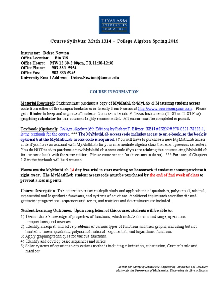 Course Syllabus: Math 1314 - College Algebra Spring 2016 | PDF ...