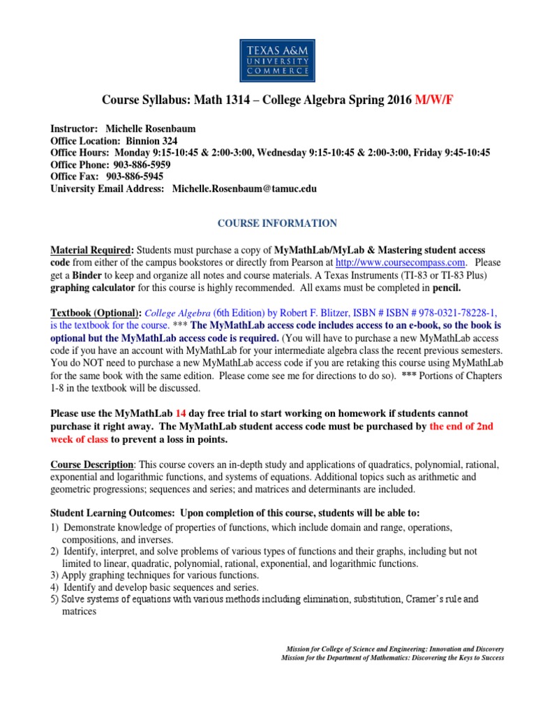 Course Syllabus: Math 1314 - College Algebra Spring 2016 | PDF