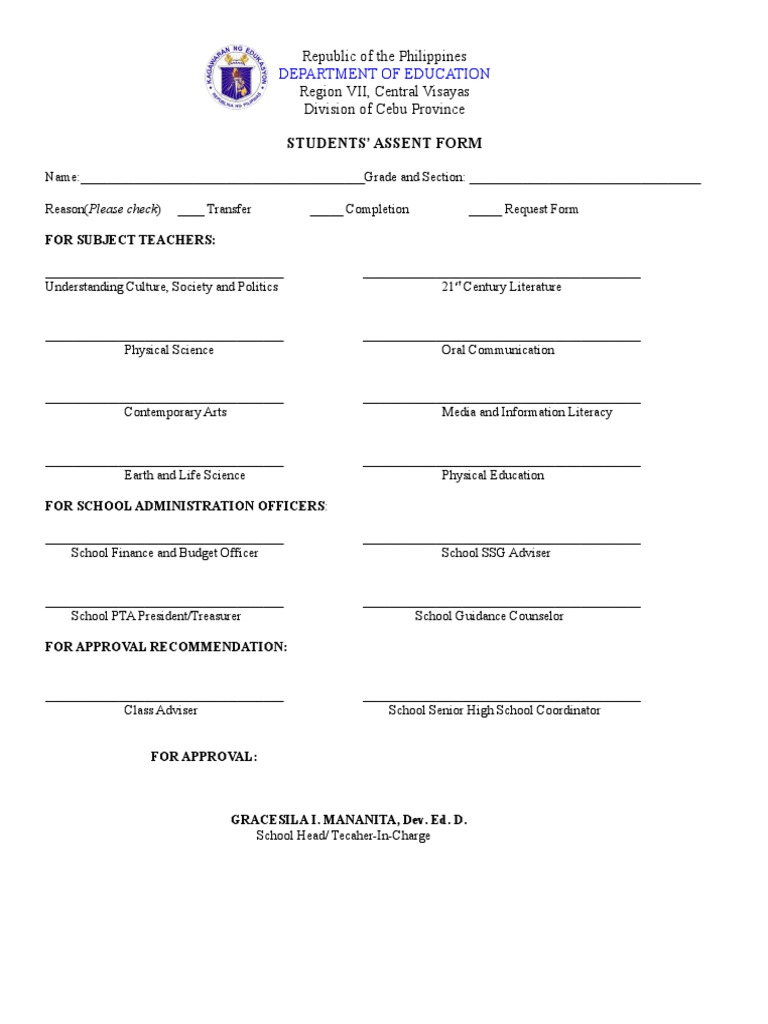Students' Assent Form: Department of Education | PDF
