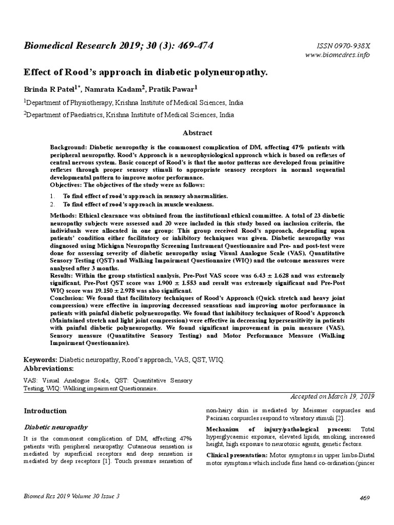 Rood’s Approach in Diabetic Neuropathy | PDF | Peripheral Neuropathy | Pain