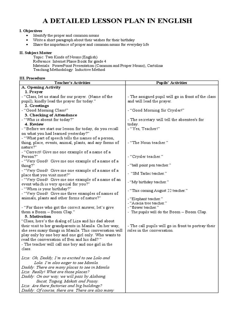 A Detailed Lesson Plan in English: A. Opening Activity 1. Prayer | PDF ...