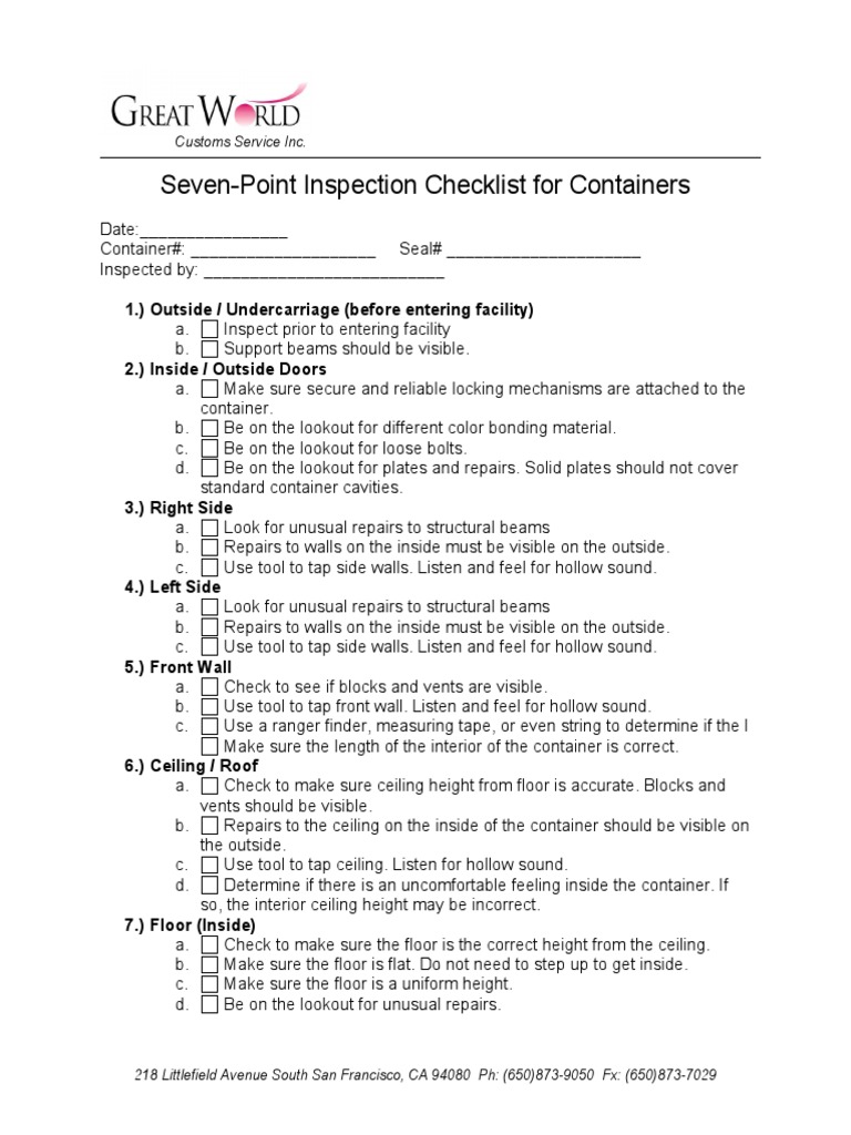 Seven-Point Inspection Checklist For Containers: 1.) Outside ...