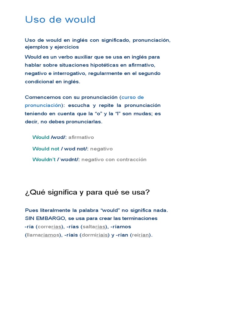 Uso de Would en Inglés Con Actividad Práctica y Ejemplos | PDF | Verbo ...