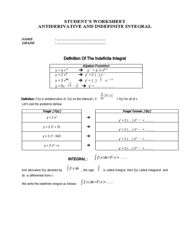 Antiderivative and Indefinite Integral | PDF | Trigonometric Functions ...