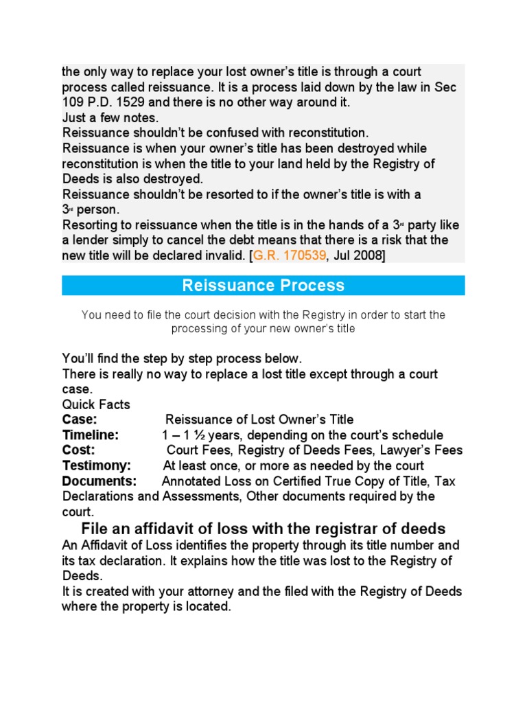 Reissuance Process for Lost Title | PDF | Lawyer | Deed