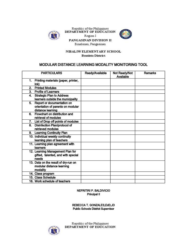 Modular Distance Learning Modality Monitoring Tool: Department of ...