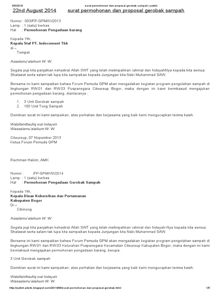 Surat Permohonan Dan Proposal Gerobak Sampah | PDF Surat Permohonan Dan Proposal Gerobak Sampah | PDF