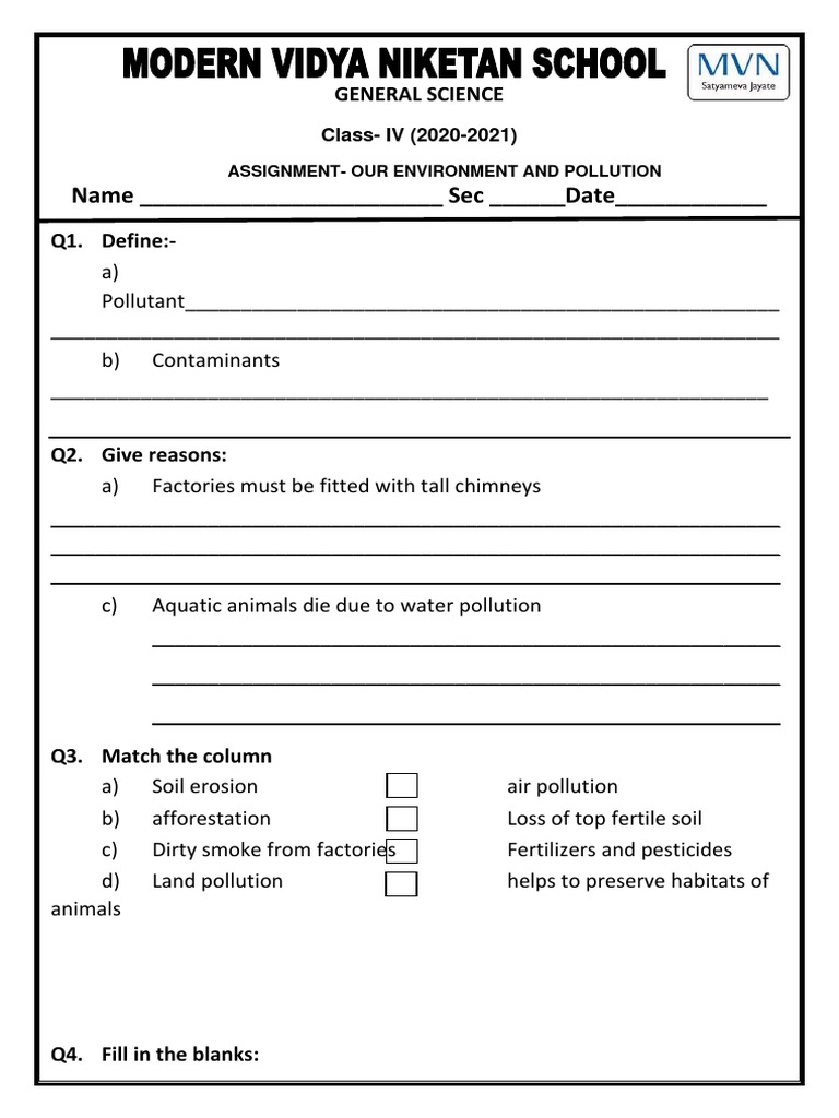 Our Environment and Pollution Grade 4 Unsolved Assignment | PDF | Water ...