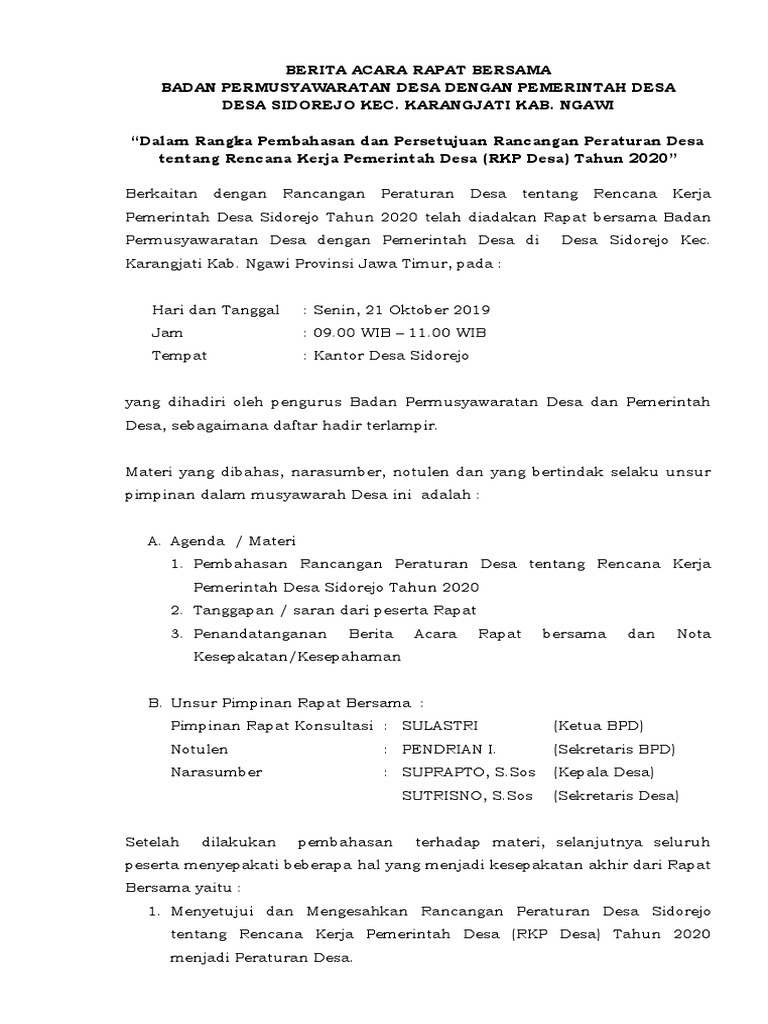 Berita Acara, Notulen, Daftar Hadir, SK BPD Terkait Rapat Bersama Kades Dan BPD TTG Penetapan ...