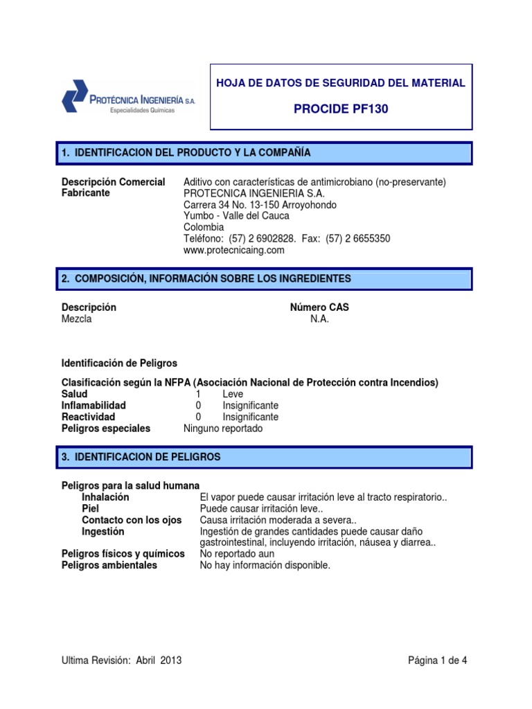 Procide PF130 | PDF | Concentración | Agua