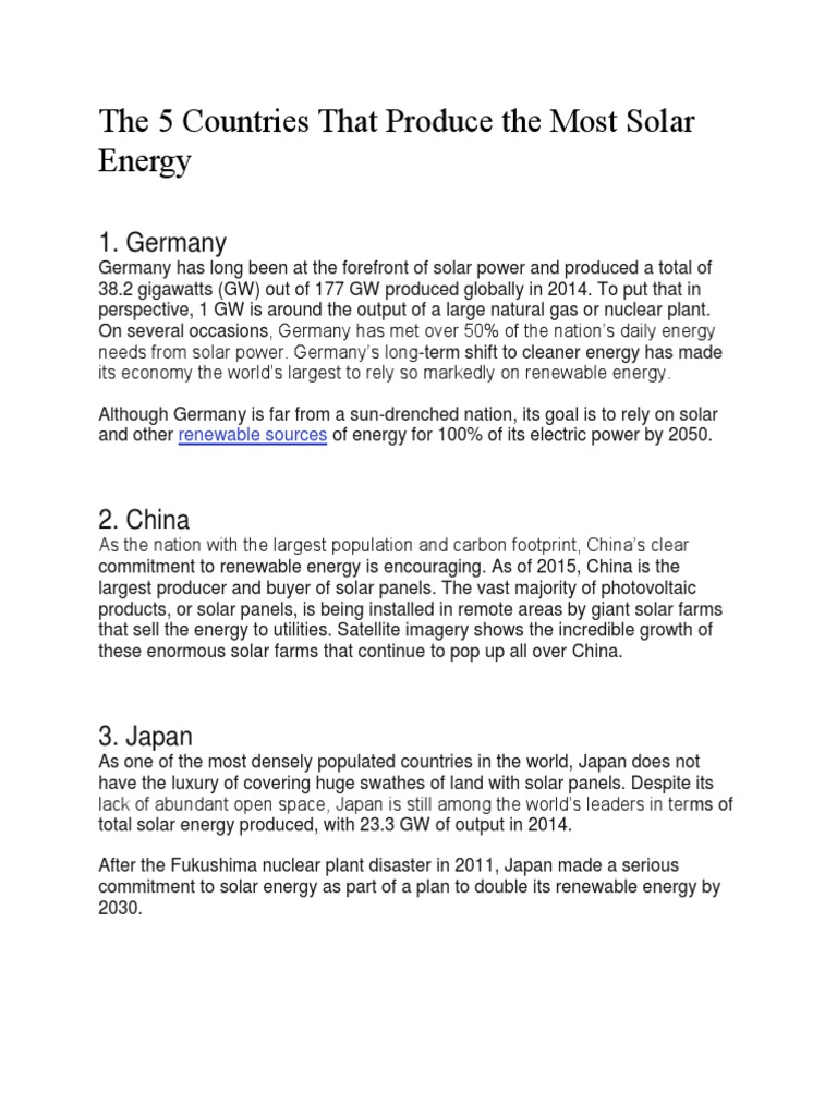 Top 5 Solar Energy Producing Countries | PDF | Solar Power | Renewable ...
