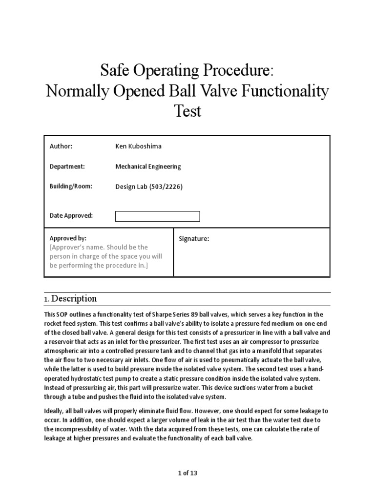 Ball Valve Functionality Testing SOP | PDF | Valve | Leak