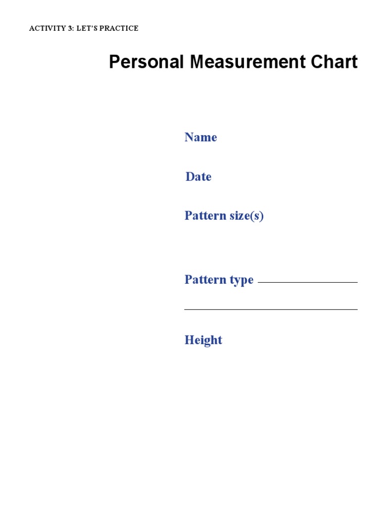 Personal Measurement Chart: Name Date Pattern Size(s) | PDF | Waist | Inch