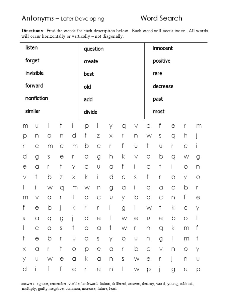 Antonyms Word Search Puzzle | PDF | Teaching Mathematics
