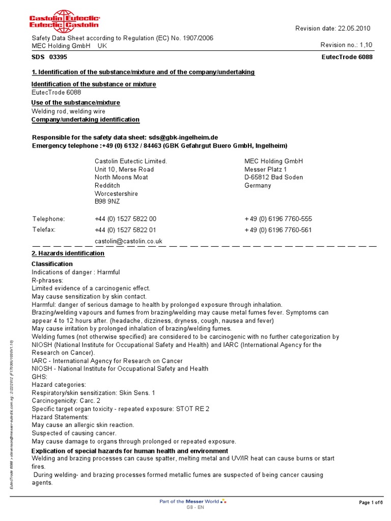 EutecTrode 6088 SDS highlights skin & cancer hazards | PDF | Personal Protective Equipment ...