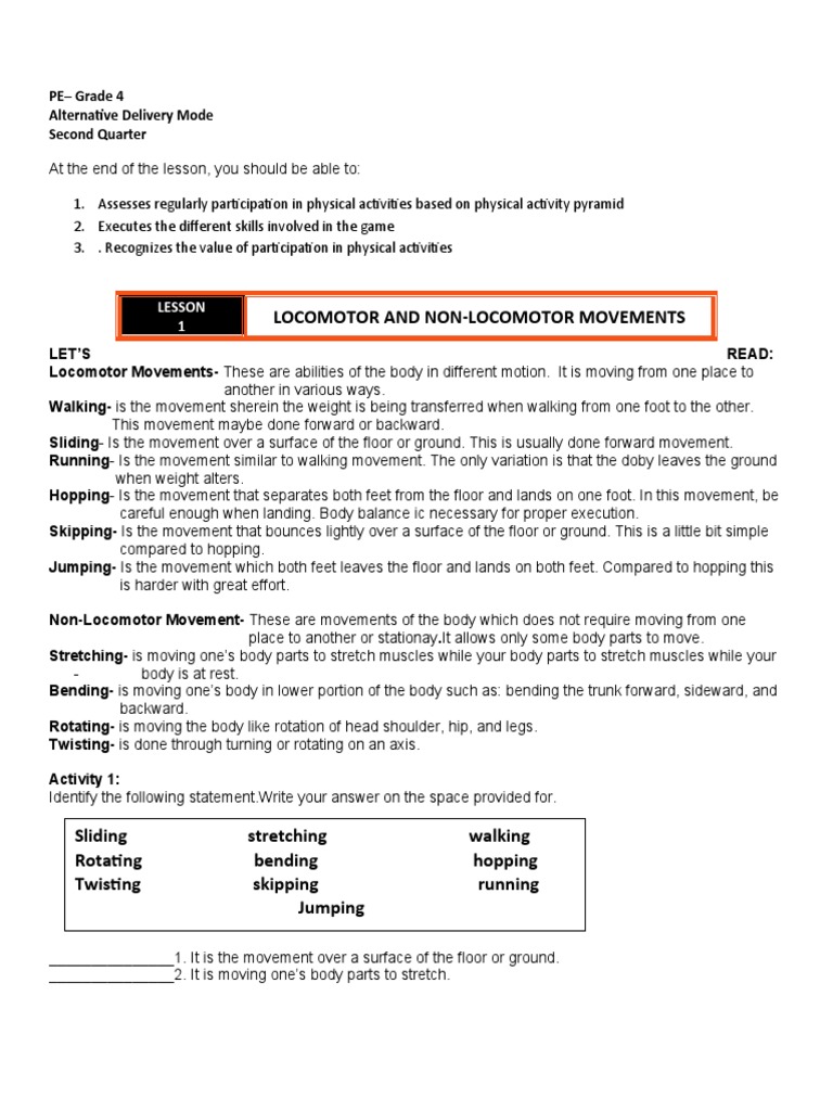 Grade 4 PE Lessons on Locomotor Movements | PDF | Animal Locomotion ...