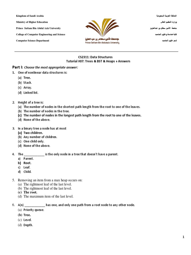 Choose The Most Appropriate Answer:: CS2311: Data Structures Tutorial ...