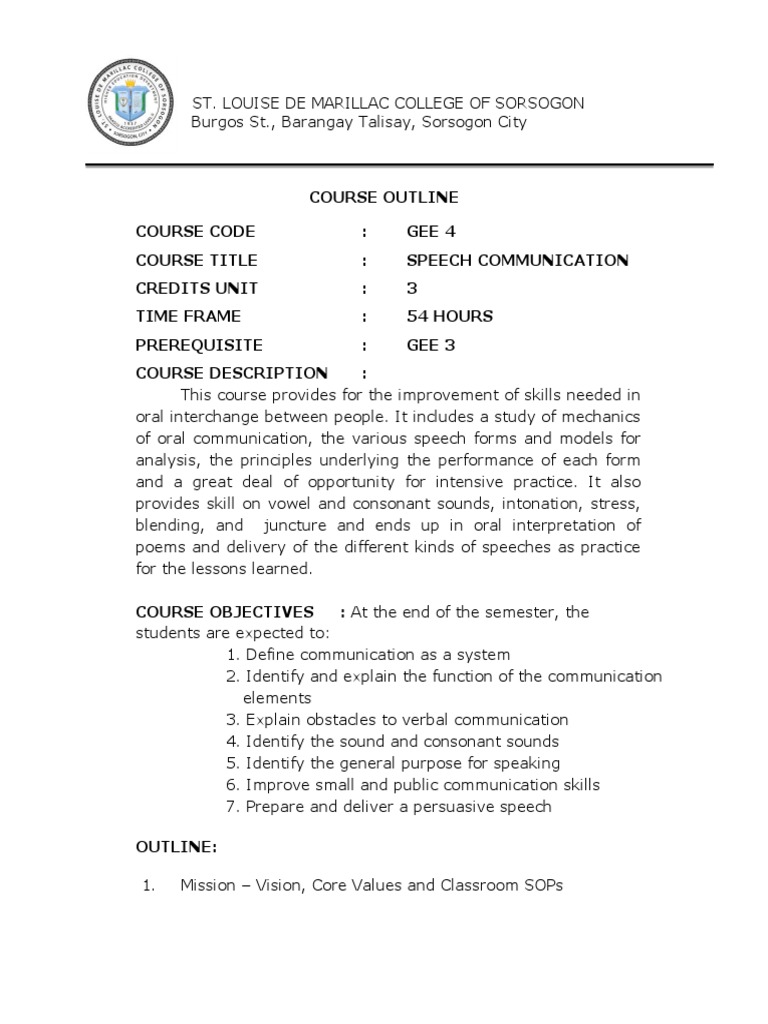 Course Outline Course Code: Gee 4 Course Title: Speech Communication ...