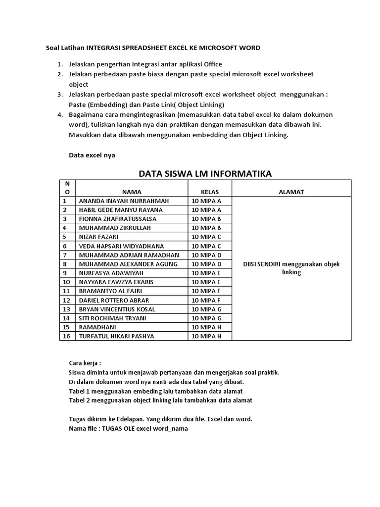 Soal Latihan INTEGRASI SPREADSHEET EXCEL KE MICROSOFT WORD | PDF