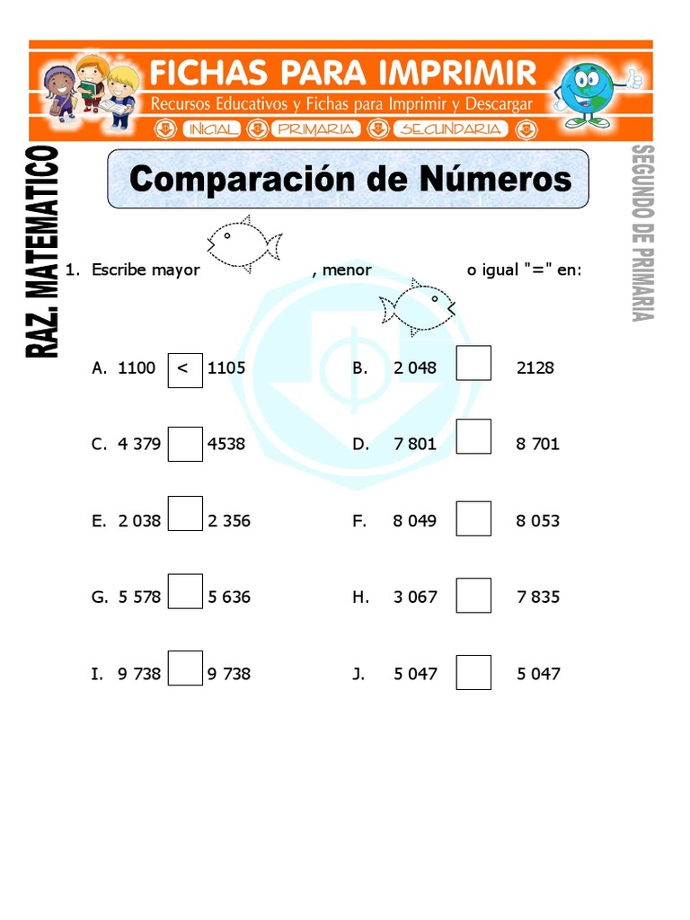 Ficha de Comparacion de Numeros para Segundo de Primaria | PDF