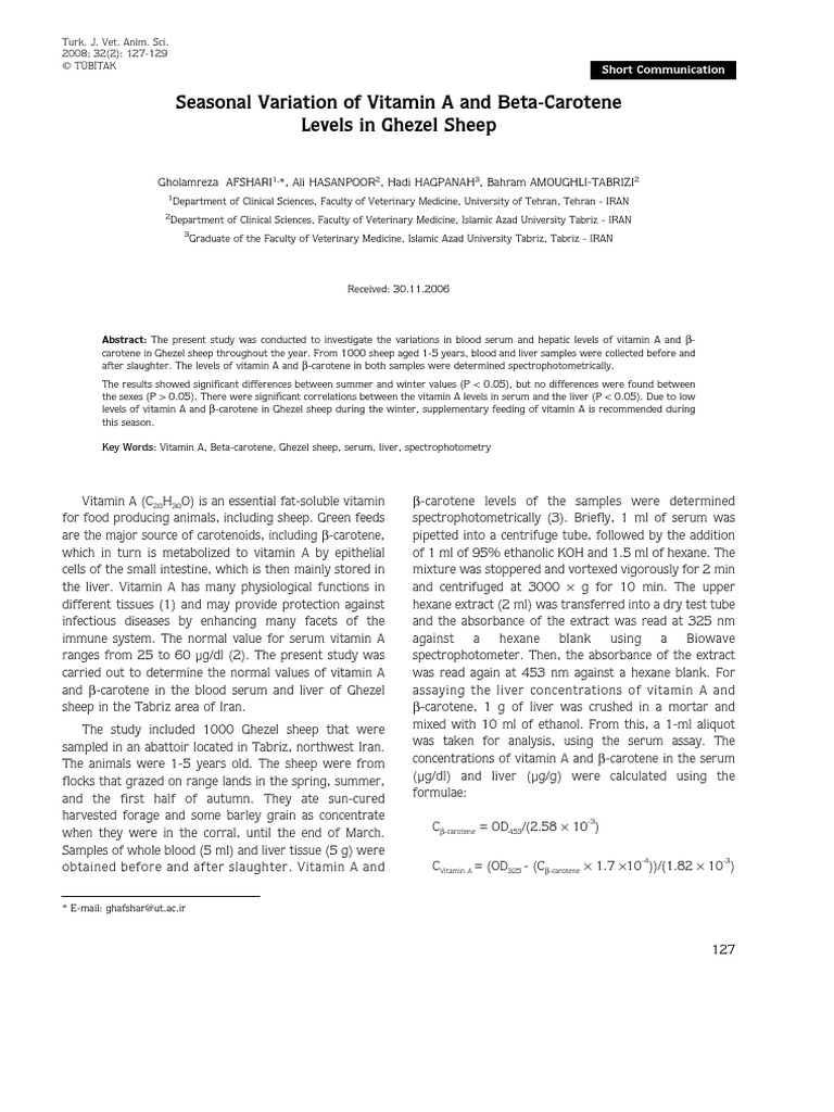 Seasonal Variation of Vitamin A and Beta Carotene Levels in Ghezel ...