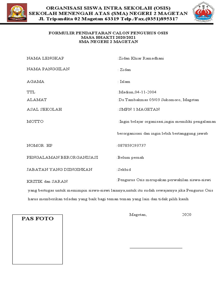 Formulir Pendaftaran Osis | PDF