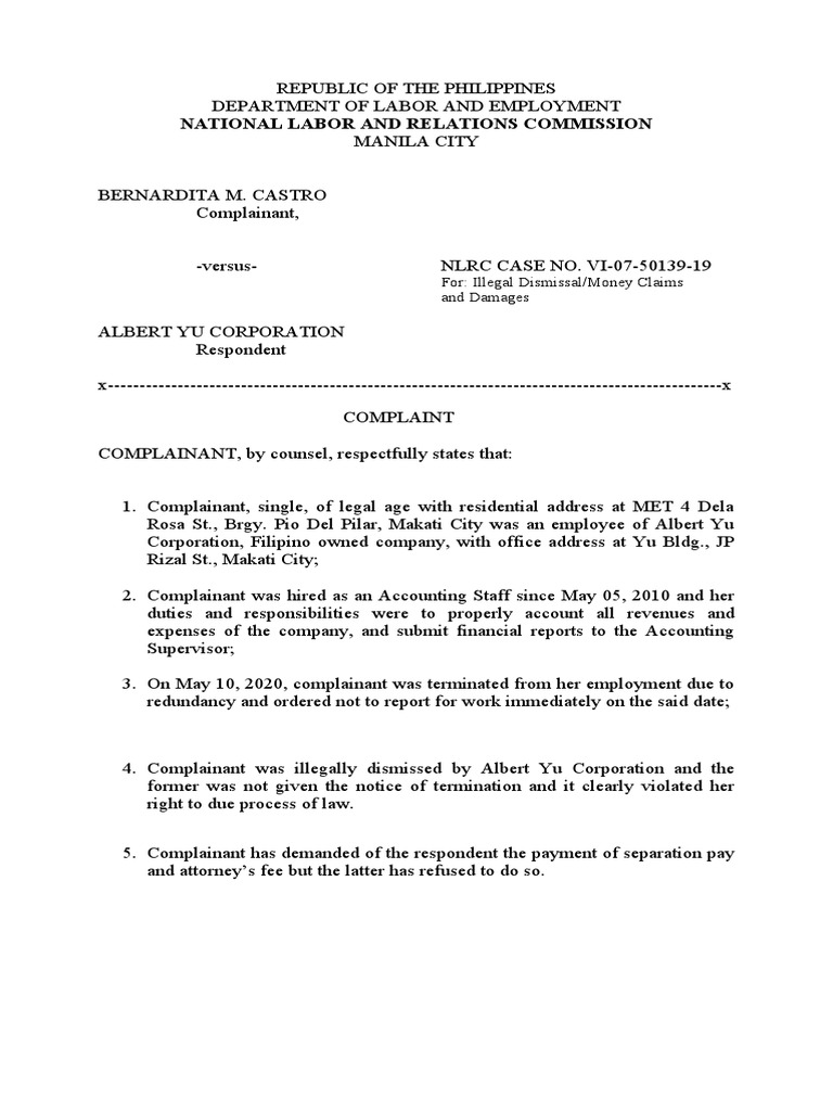 NLRC Complaint for Illegal Dismissal | PDF | Employment | Common Law