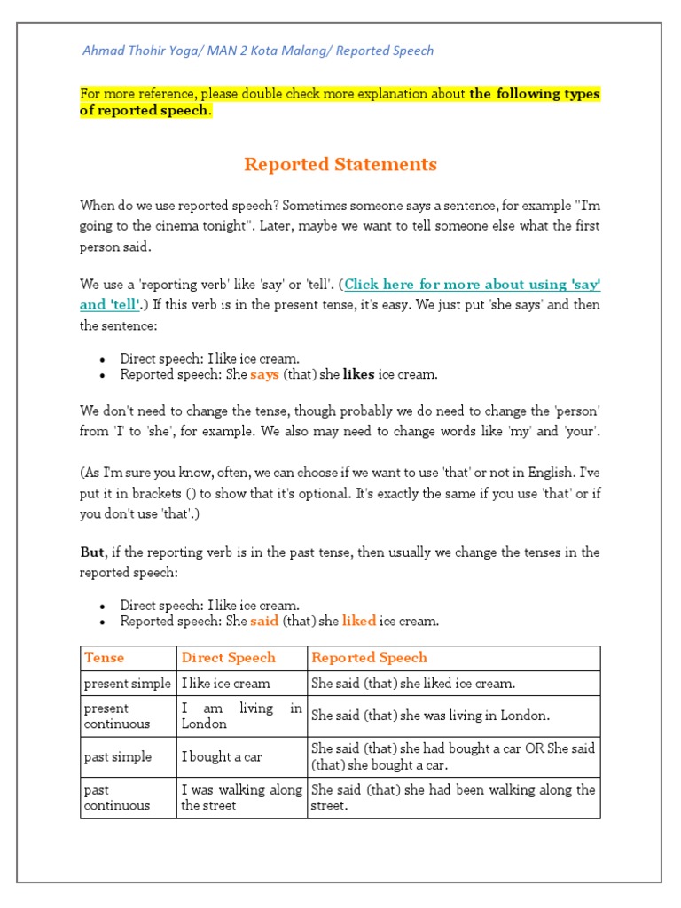 Reported Speech | PDF | Question | Verb
