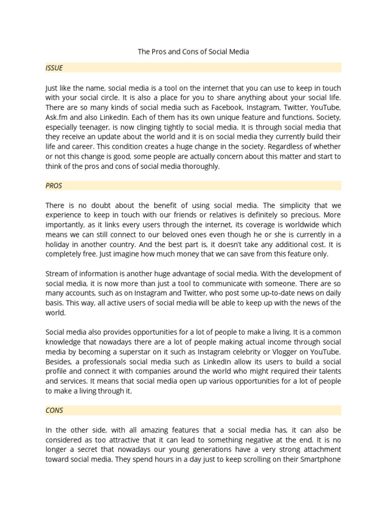 The Pros and Cons of Social Media | PDF | Social Media | Popular ...