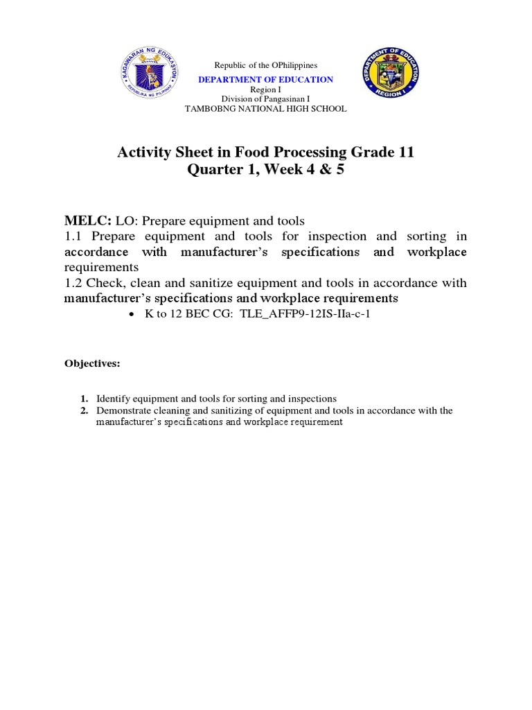 Activity Sheet in Food Processing Grade 11 Quarter 1, Week 4 & 5 | PDF ...