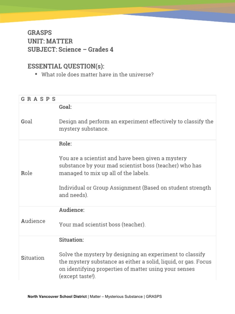 Grasps Unit: Matter SUBJECT: Science - Grades 4 Essential Question (S) | PDF | Experiment | Matter