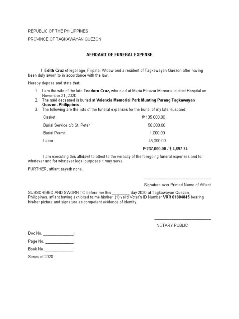 Affidavit of Funeral Expenses Sample | PDF