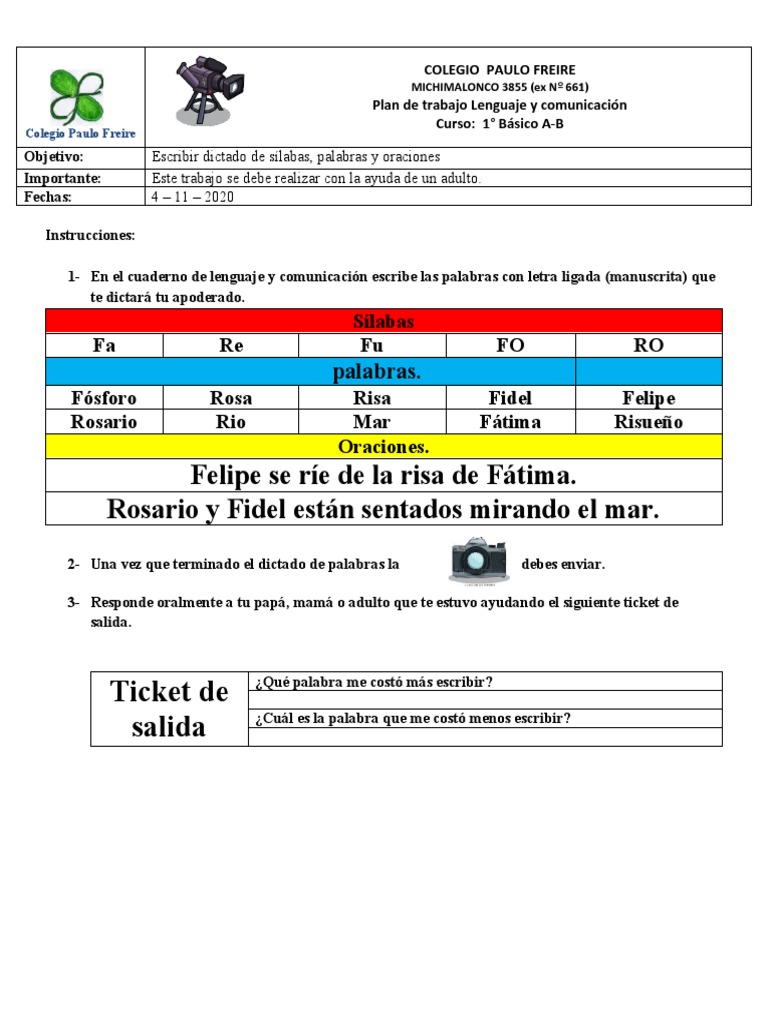 Dictado de Sílabas, Palabras y Oraciones Miercoles 04 de Noviembre. | PDF