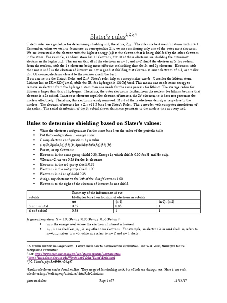 Slater's rules determine shielding and Zeff | PDF | Electron ...