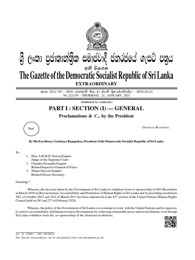 Extraordinary Gazette - Commission of Inquiry Appointed To Look Into ...