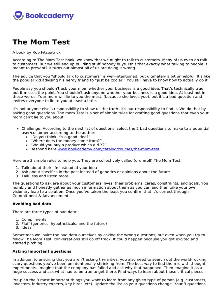 The Mom Test by Rob Fitzpatrick. (Summary) | PDF | Motivation ...