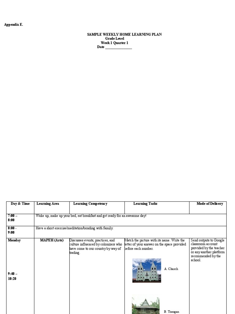 Weekly Home Learning Plan (Sample Template) (Recovered) | PDF | Arts ...
