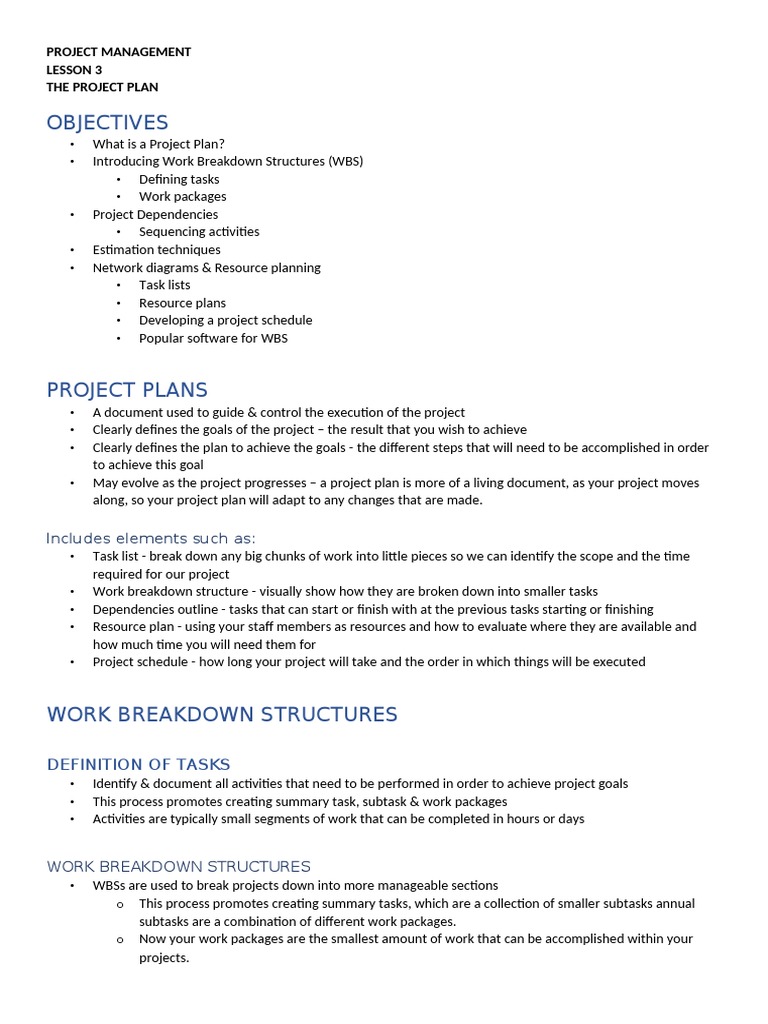 Objectives: Project Management Lesson 3 The Project Plan | PDF ...