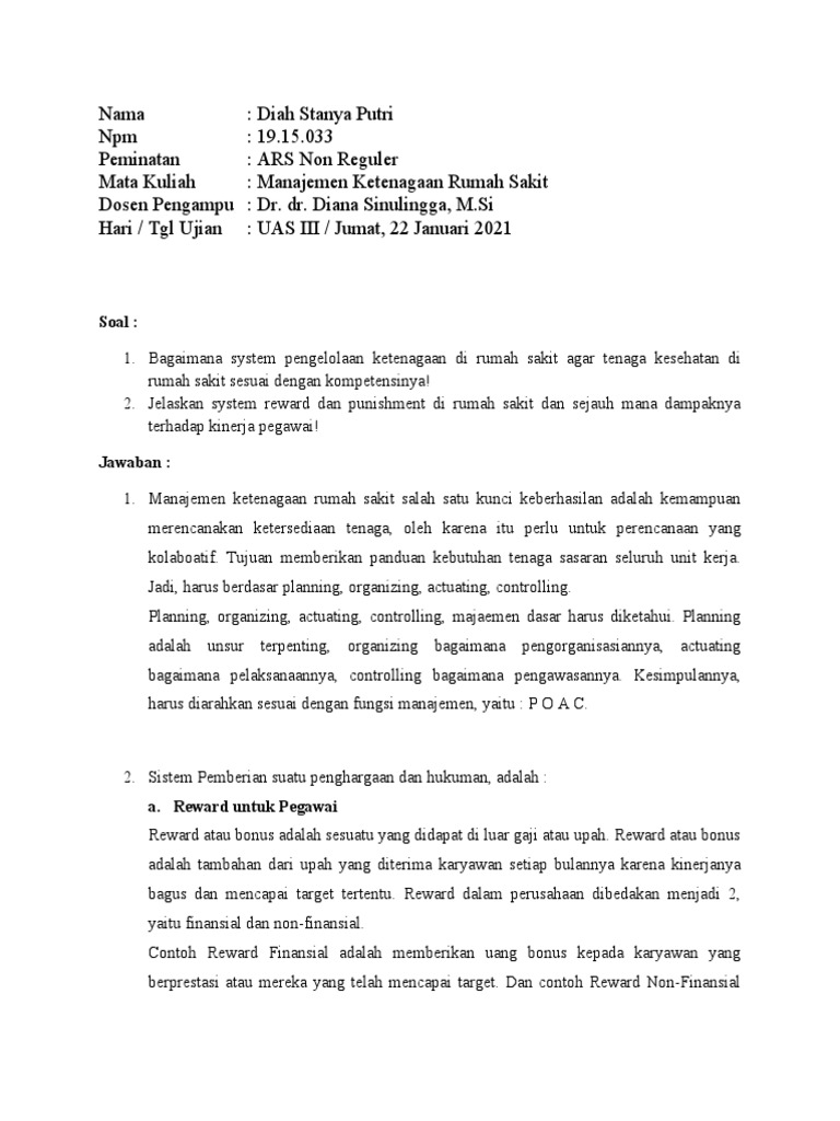 UAS Manajemen Ketenagaan RS Dr. Dr. Diana Sinulingga, M.si | PDF