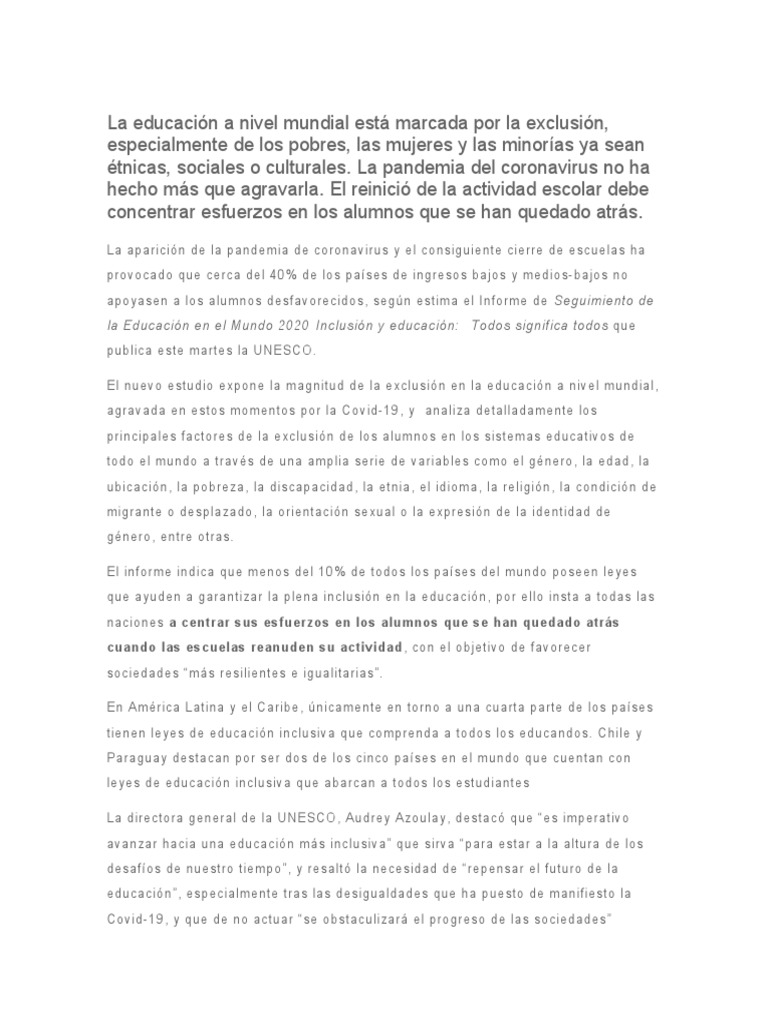 Exclusión educativa global tras COVID-19 | PDF | Inclusión (Educación ...