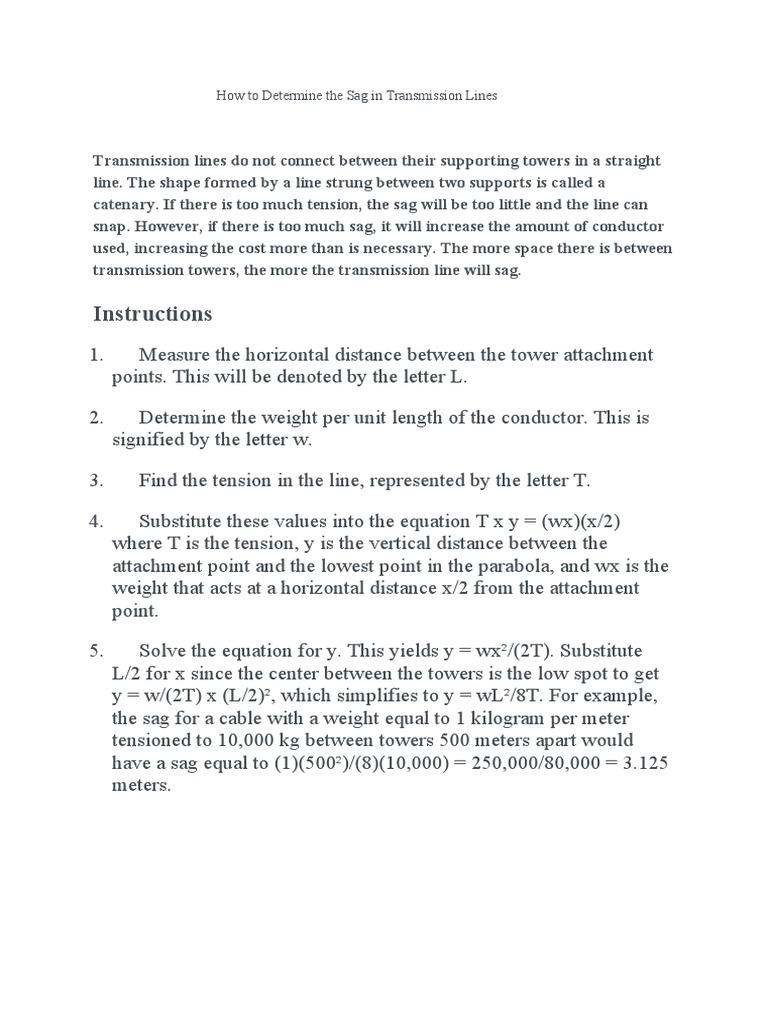 Instructions: How To Determine The Sag in Transmission Lines | PDF