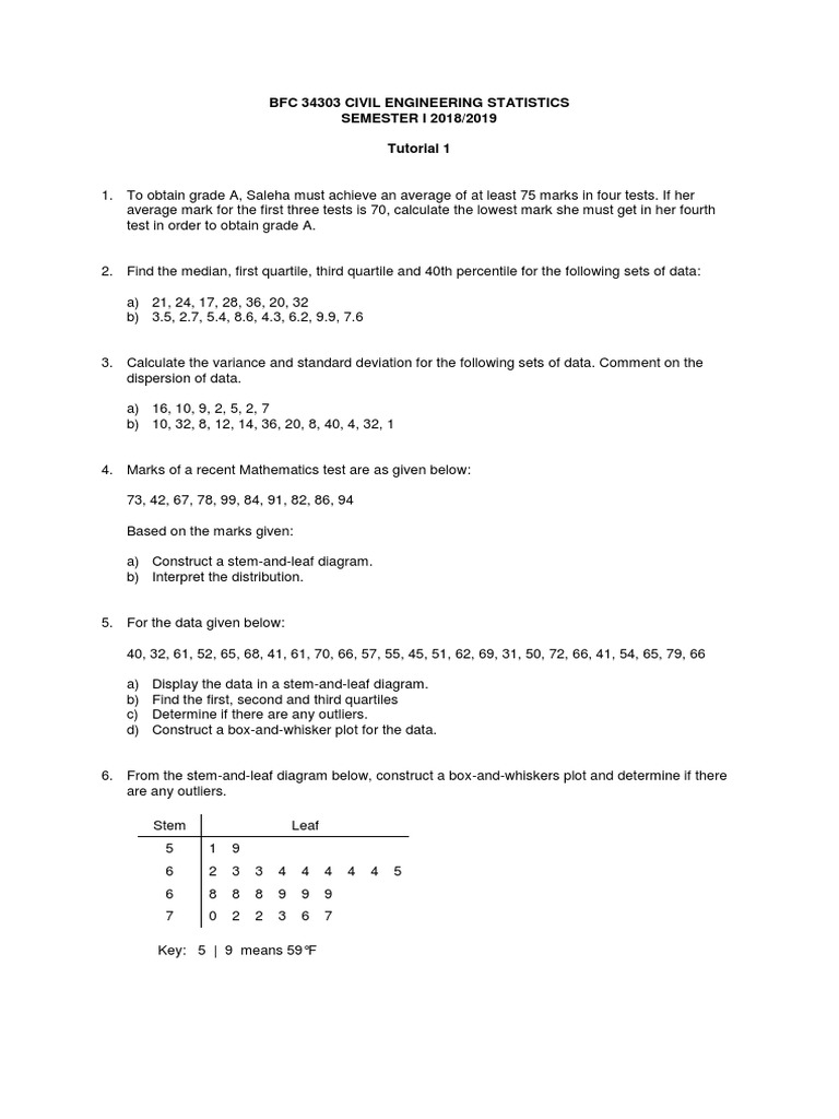 BFC 34303 Civil Engineering Statistics SEMESTER I 2018/2019 Tutorial 1 ...