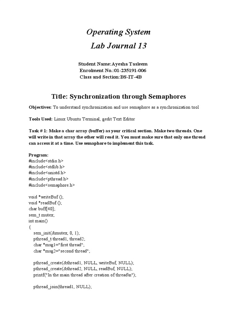 Operating System Lab Journal 13: Title: Synchronization Through Semaphores | PDF | Teaching ...