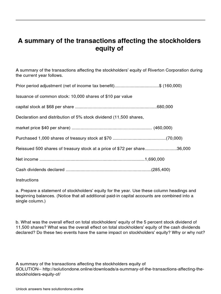 A Summary of The Transactions Affecting The Stockholders Equity of ...