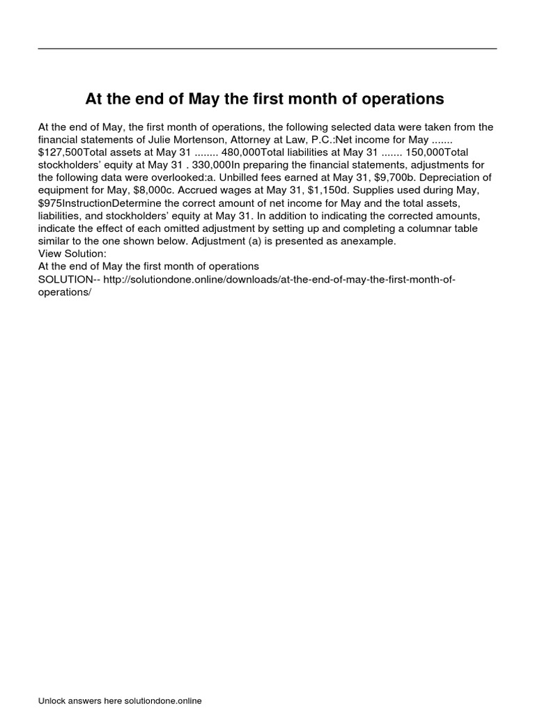 At The End of May The First Month of Operations: Unlock Answers Here Solutiondone - Online | PDF